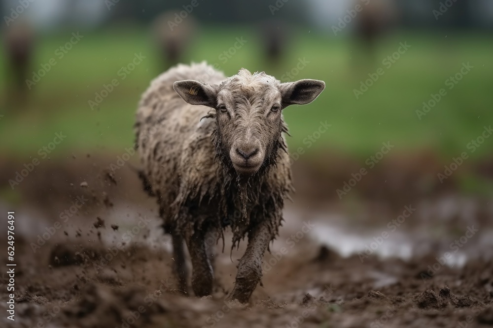 Little lost sheep covered in mud, the shepherd is looking for the sheep ...