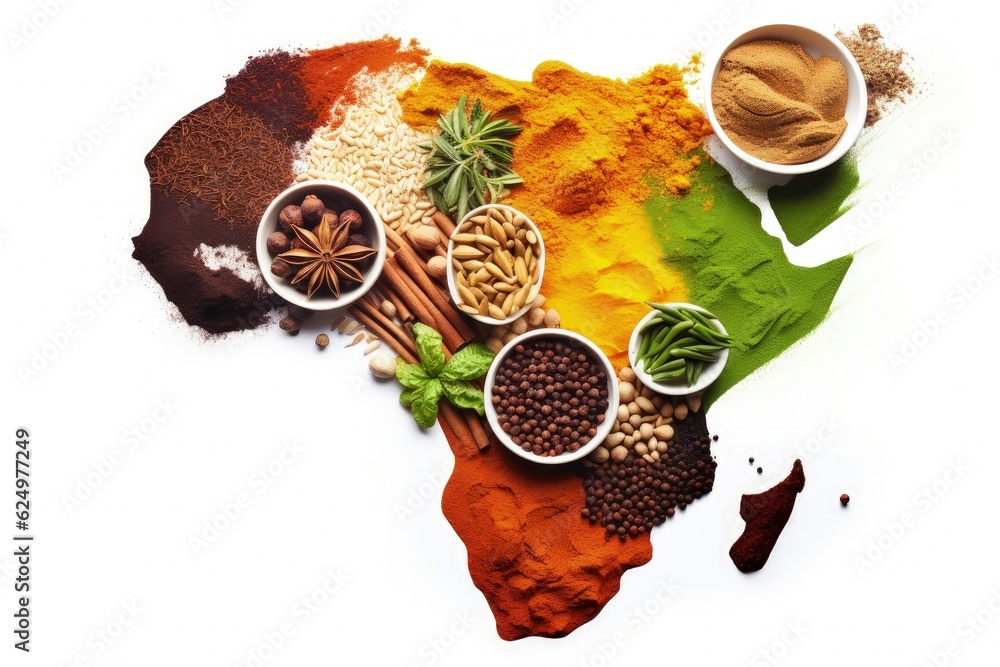 Africa map illustration with seasonings and spices, African cuisine ...