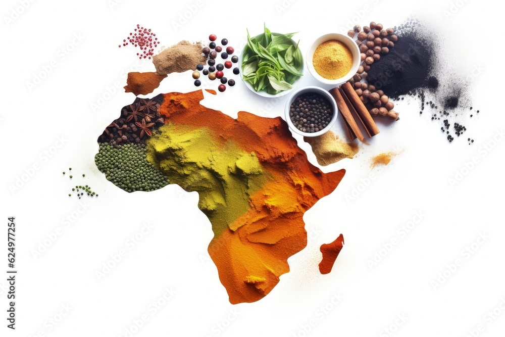 Africa map illustration with seasonings and spices, African cuisine ...