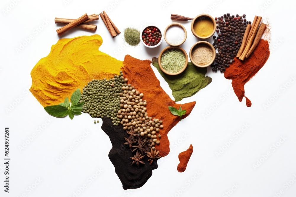 Africa map illustration with seasonings and spices, African cuisine ...