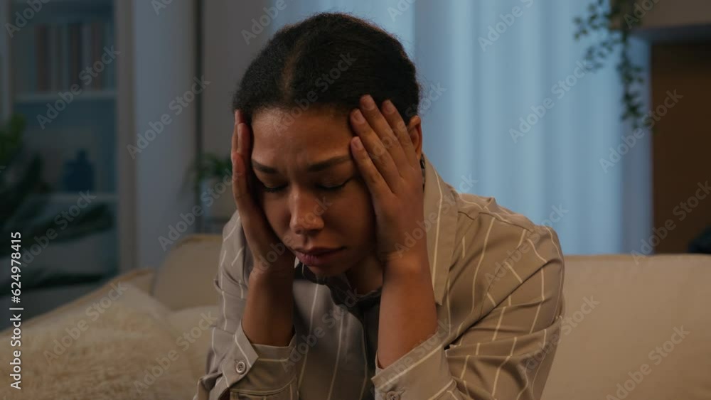 Sorrowful upset African American woman stressed girl suffer headache ... Sorrowful upset African American woman stressed girl suffer headache ...