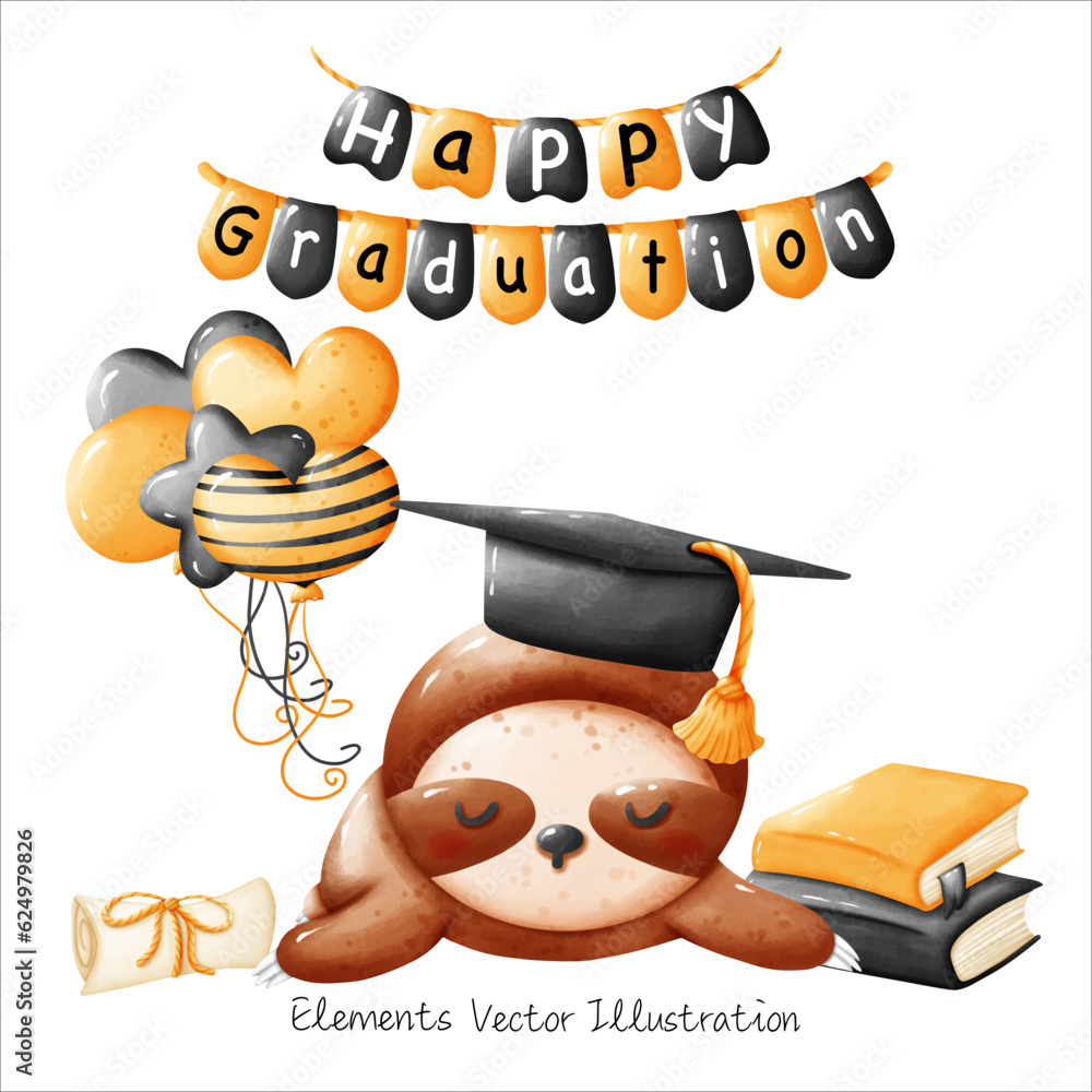 Cute Sloth Lazy Graduation Books ,Cap ,Balloons heart and Star Yellow ...