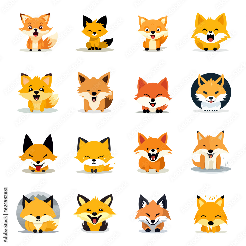 Set of funny, cute baby fox icons. Adorable animal cartoon emoji ...