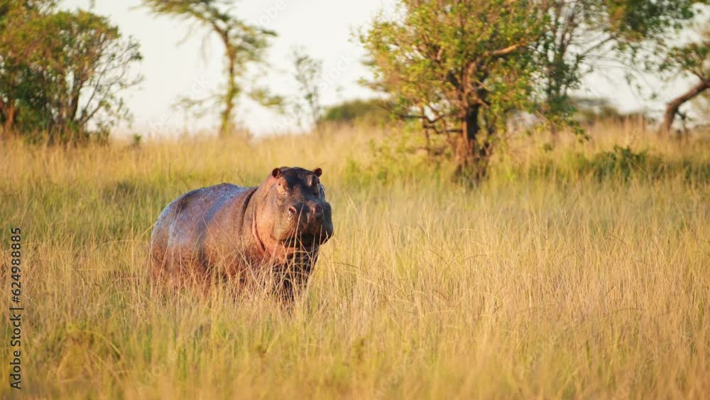 Hippo Hippopotamus standing on land away from water in low golden light ...