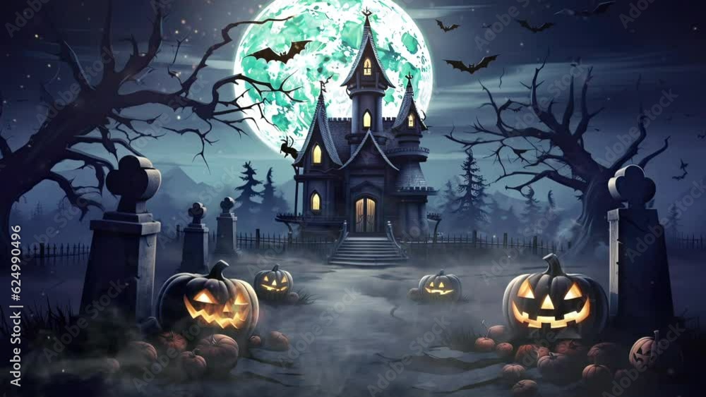 Spooky Halloween tree with bats flying in the night sky. Illustration ...
