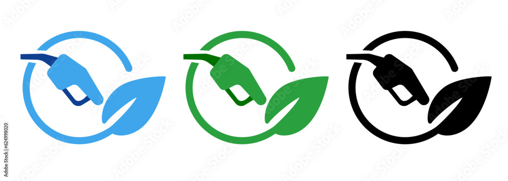 Hose nozzle with leaf icon symbol of eco bio diesel biofuel in blue ...