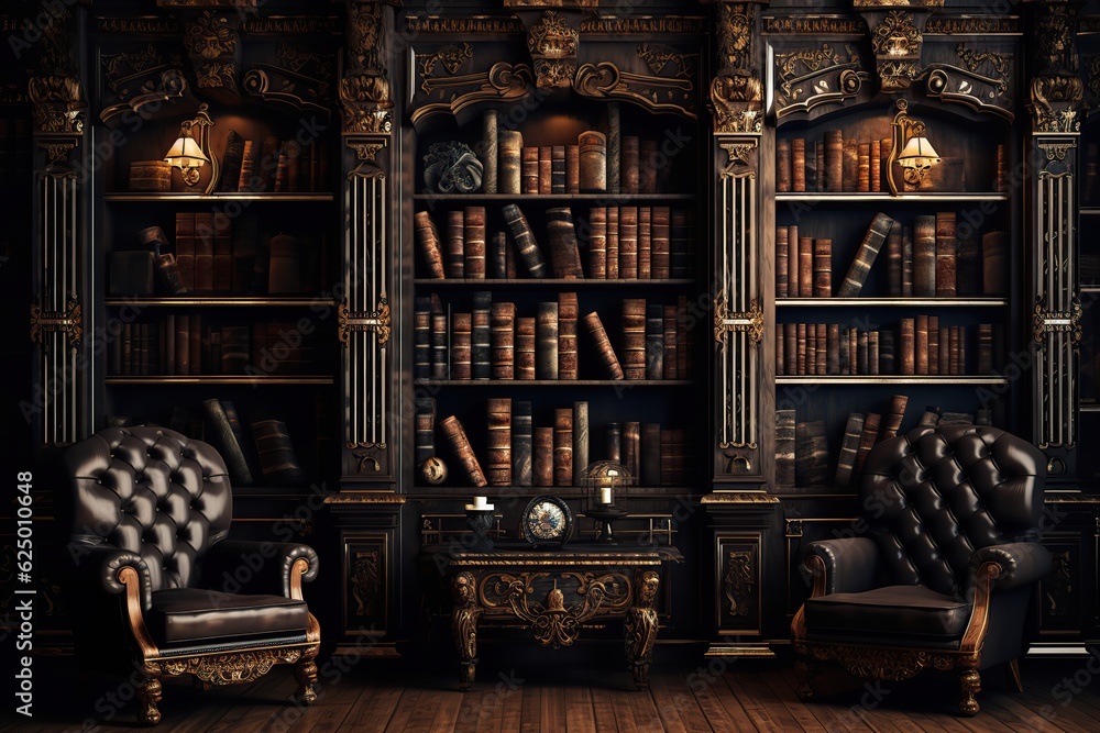 Luxurious bookshelf background. Ai art. Home library Stock Illustration ...