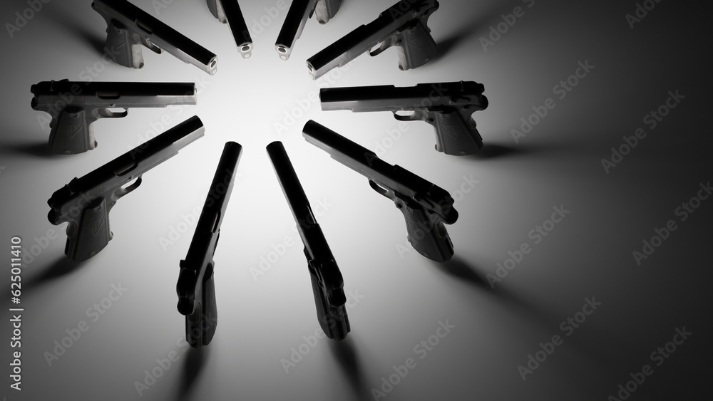 The pistols are arranged in a circle with the muzzle pointing toward ...