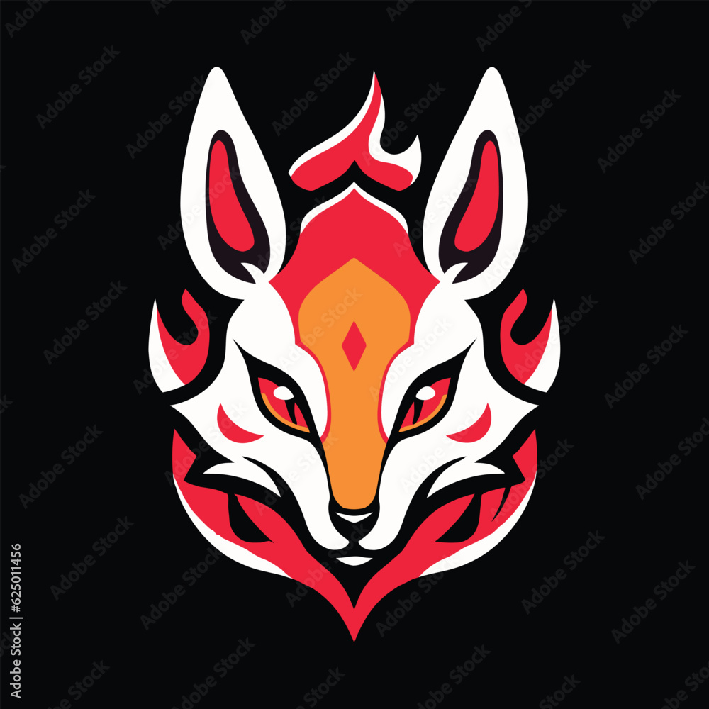 beautiful kitsune mask artwork with red an orange color. japanese mask ...