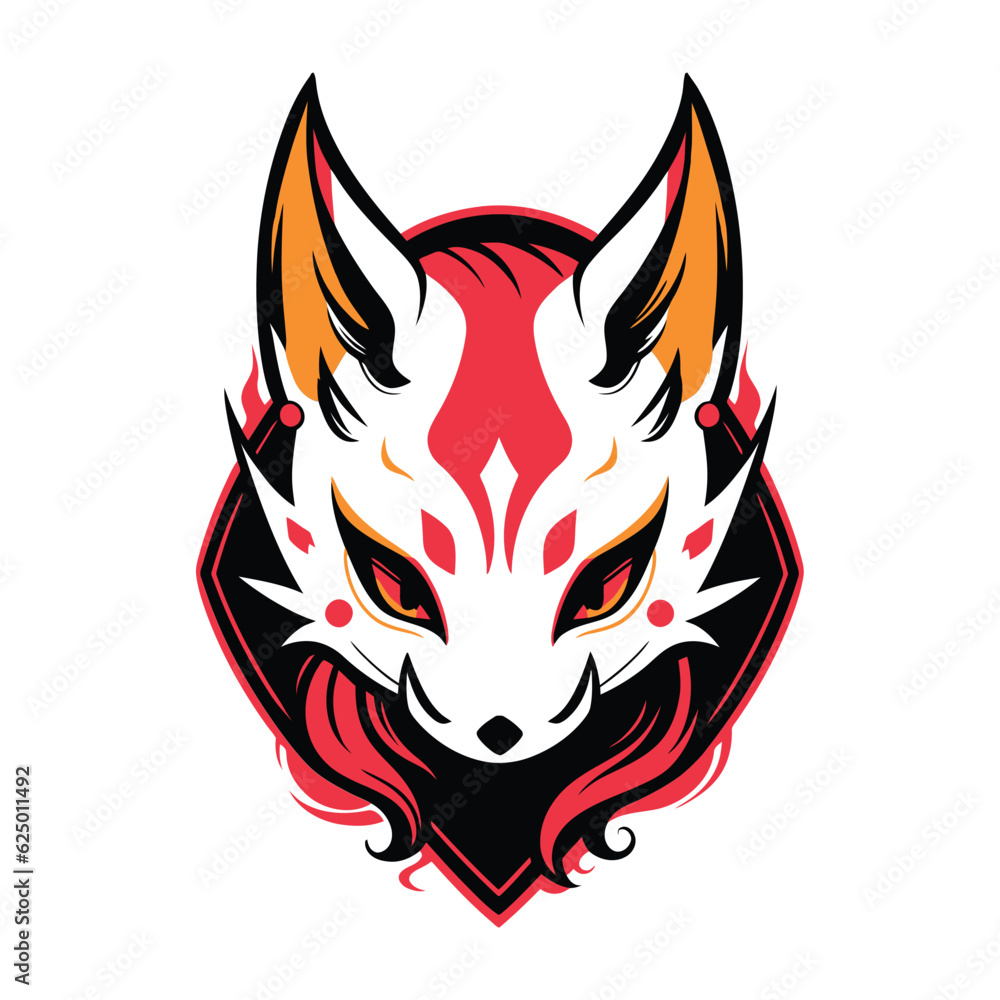 beautiful kitsune mask artwork with red an orange color. japanese mask ...