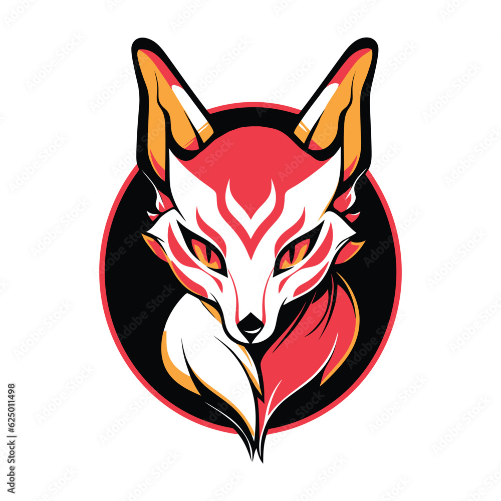 beautiful kitsune mask artwork with red an orange color. japanese mask ...