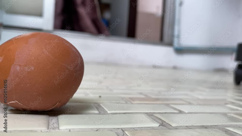 Boiled egg falling on ground slow motion. Close up view chicken egg ...