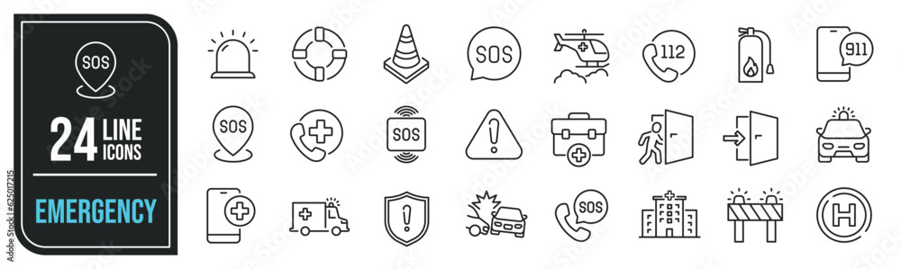 Emergency simple minimal thin line icons. Related SOS, safety, alarm ...