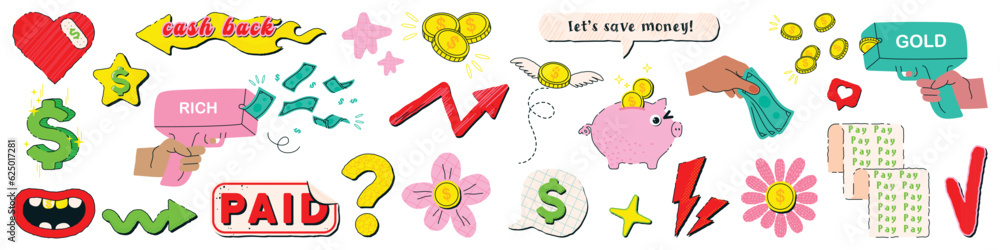 Set of retro styled money stickers or icons, money machine gun ...