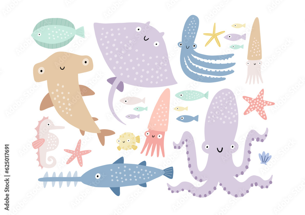 Cute cartoon sea animals - vector illustration. Awesome character, flat ...