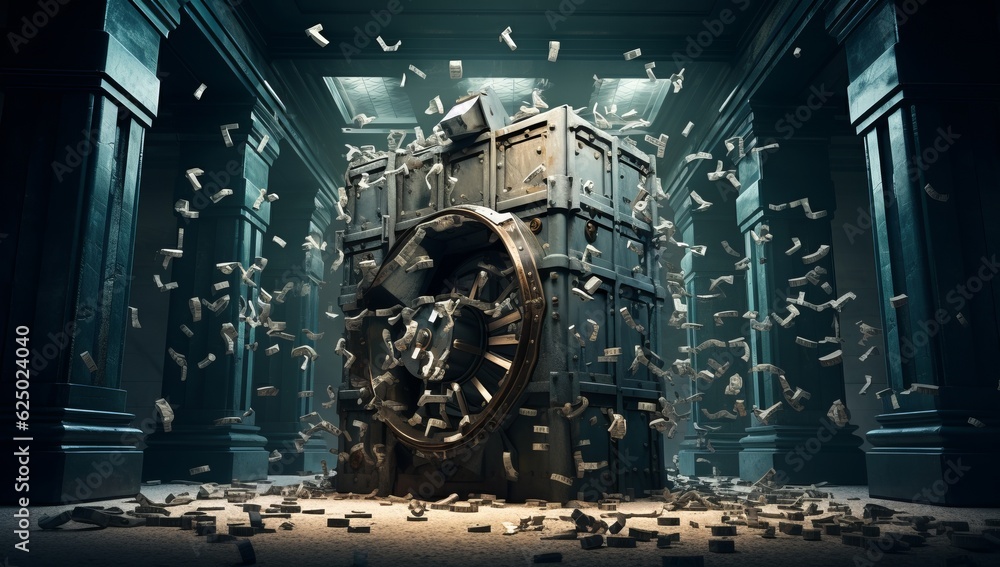 Money pouring out of a bank vault - Wealth and abundance concept ...
