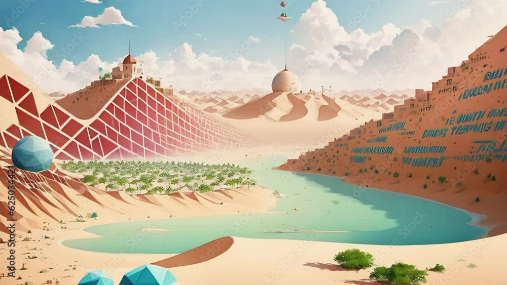 Desert landscape with oasis and sand dunes. Sahara desert. Animation ...