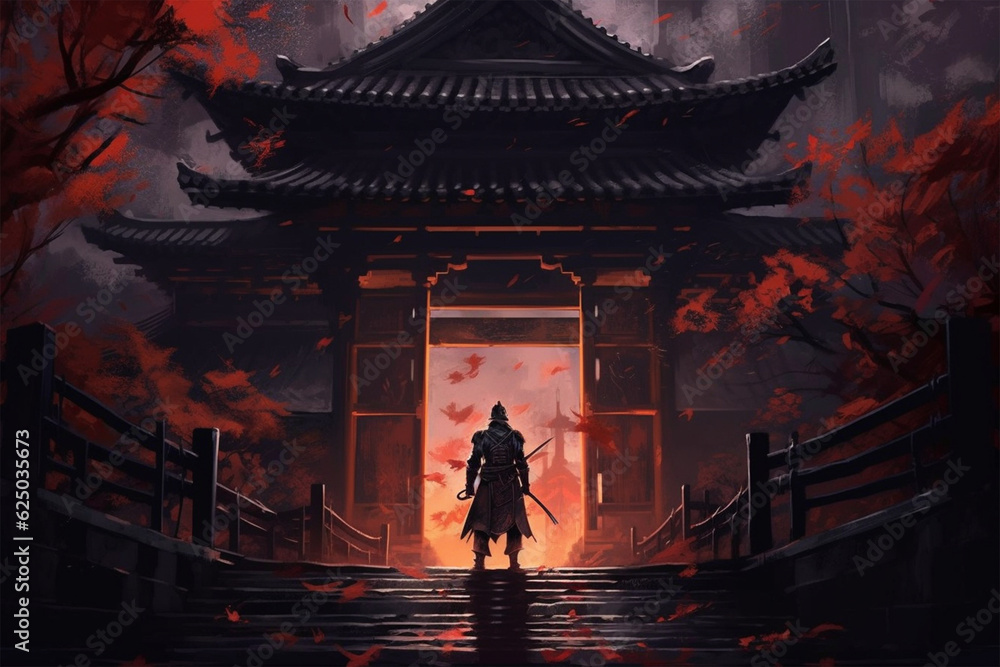 Generative AI. illustration background of a samurai in front of japan ...
