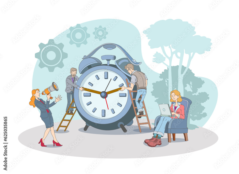 Workers managing time, lady working in park. Time organization and ...