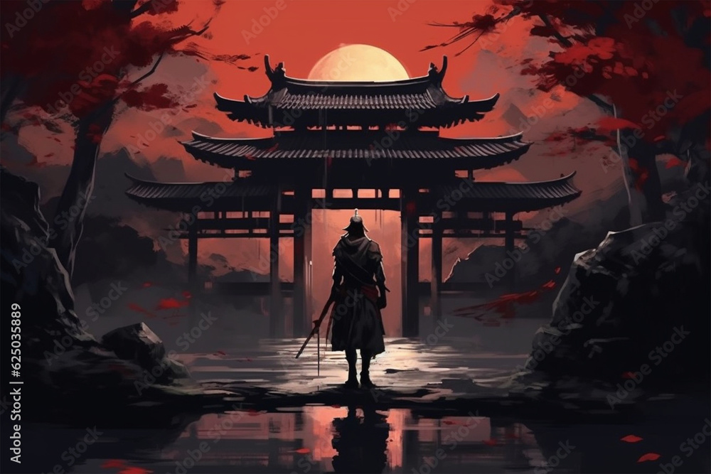 Generative AI. illustration background of a samurai in front of japan ...