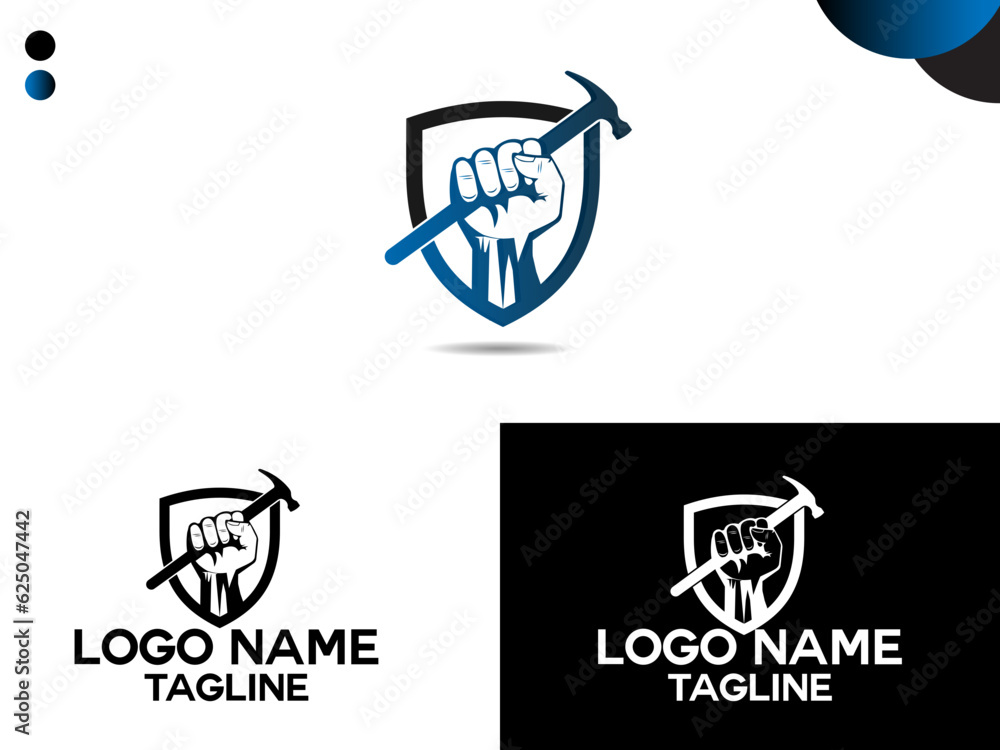 Builder logo. Home. Repair. Hand. House build. Shild. Hamer with hand ...