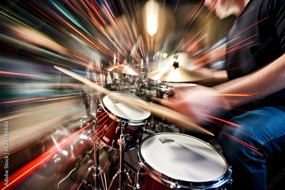 Abstract motion blur photograph of a drummer striking a drum set with ...