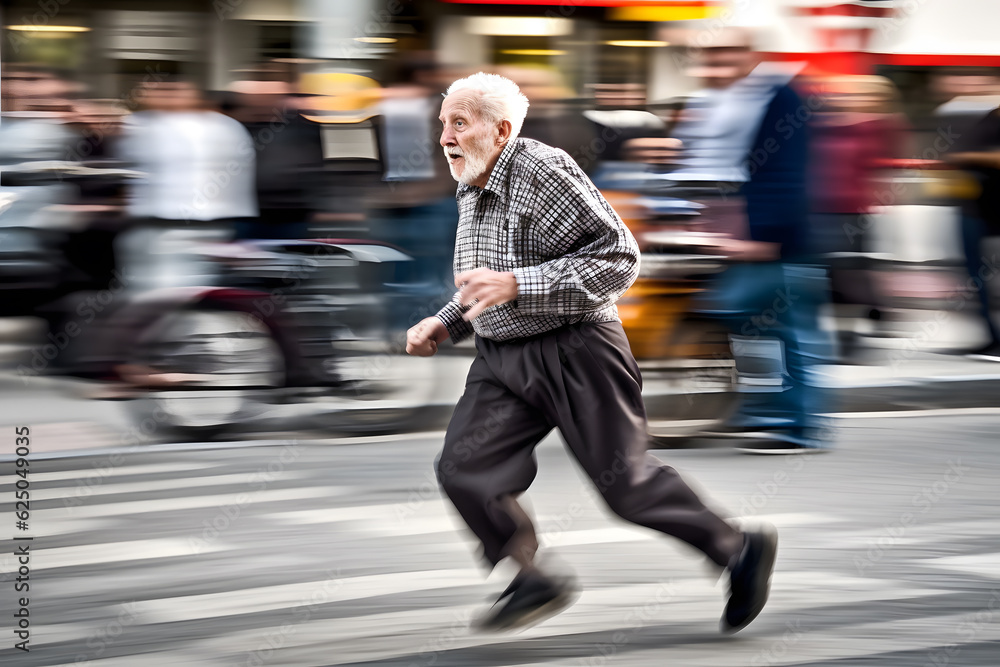 Funny old man running fast on a busy street. Panning image. Generative ...
