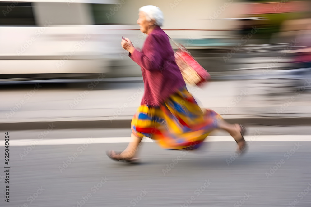 Funny old woman running fast on a busy street. Panning image ...