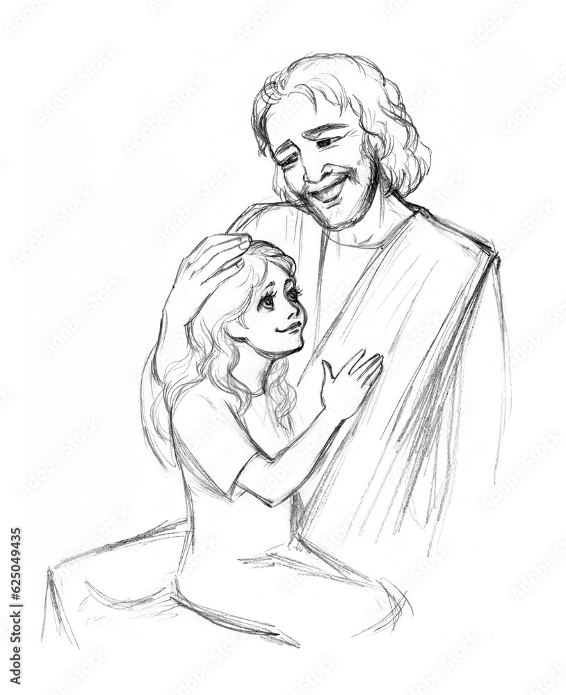 Pencil drawing. Jesus hugging a child Stock Illustration | Adobe Stock