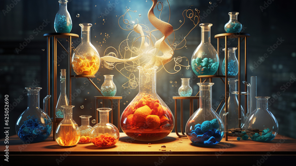 Laboratory glassware with different color reagents. Chemical laboratory ...