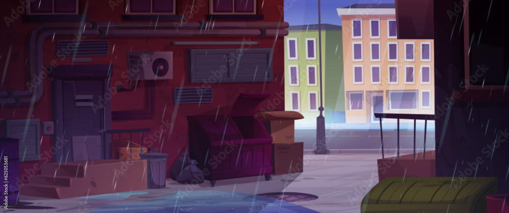Rain on city alley back street cartoon vector background. Rainy ...