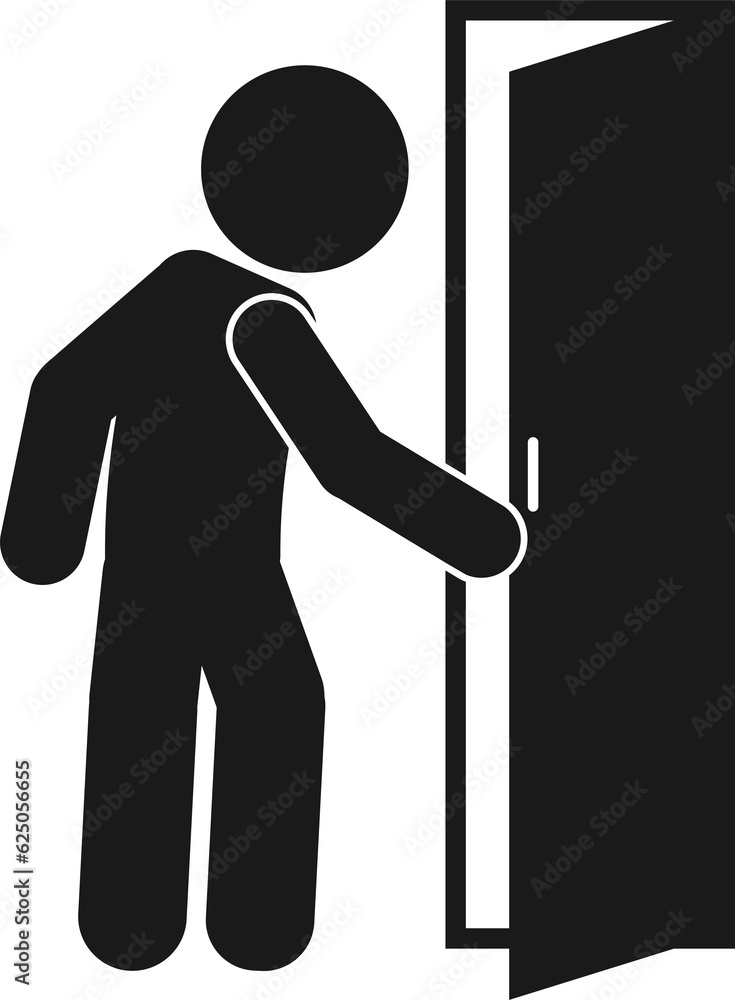 Isolated illustration pic black pictogram man walk and open door with ...