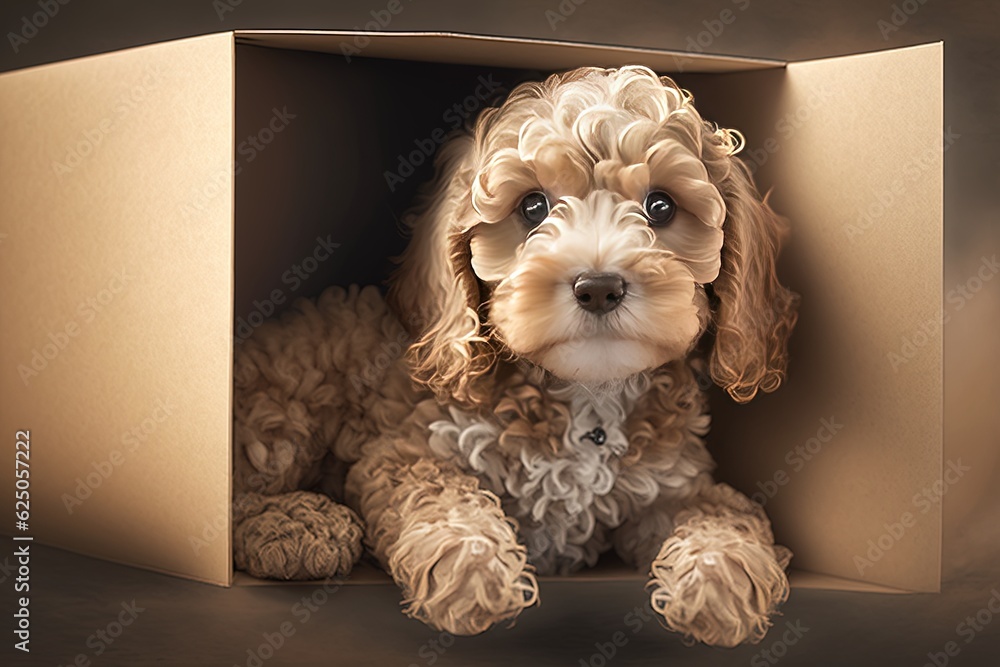 Cute cockapoo in a cardboard box. AI generated Stock Illustration ...
