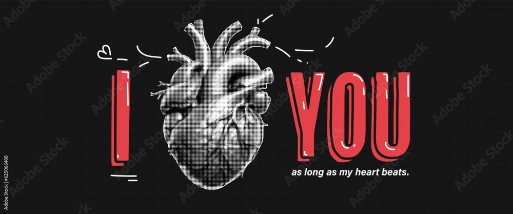Punk teen print with collage and typography. Halftone style heart with ...