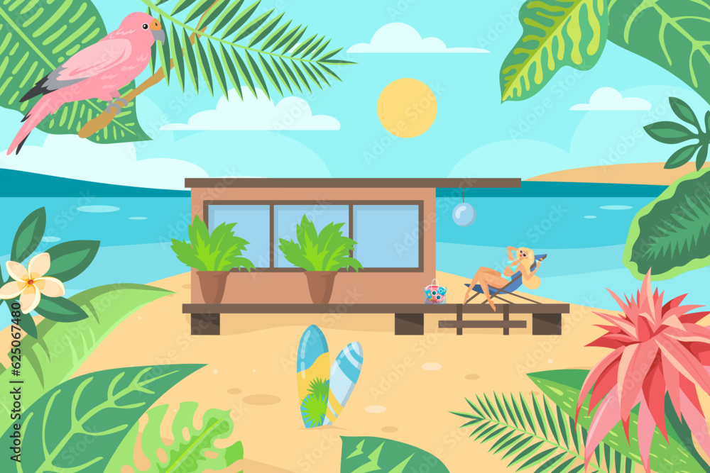 Woman sunbathing on beach vector illustration. Tropical birds and ...