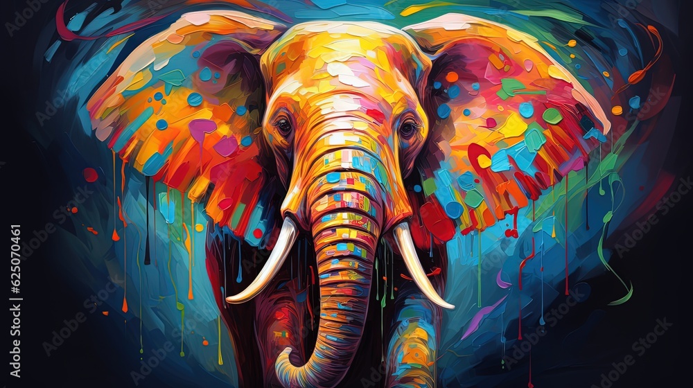 painting style illustration, happy baby elephant with color splash ...