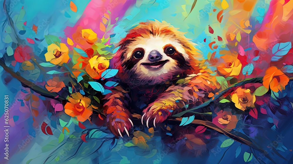painting style illustration, happy baby sloth with color splash ...