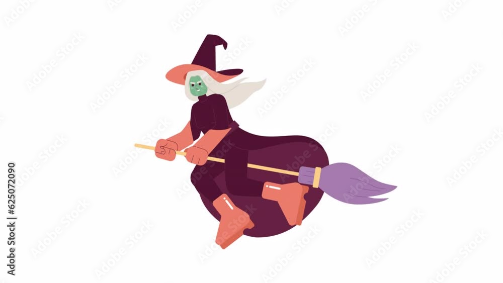 Witch flying on broom cartoon animation. Sorceress woman 4K video ...
