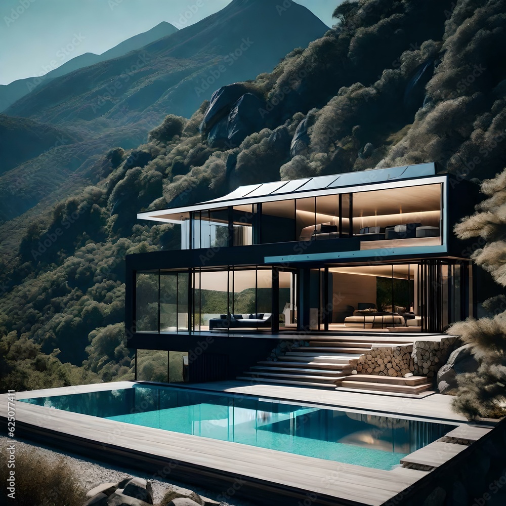 The modern look of a luxury villa in a minimalist style. A glass house ...