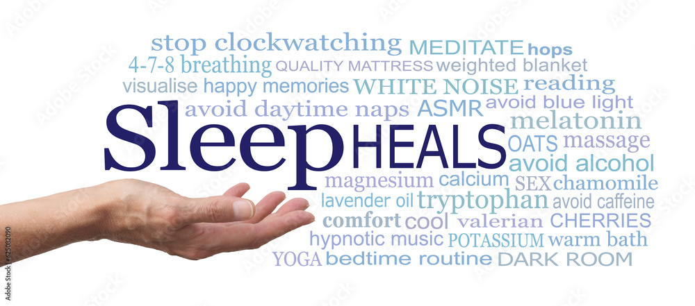 Sleep Heals word cloud concept on white background - female open palm ...