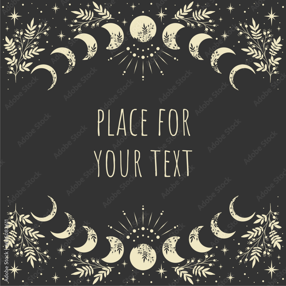 Magic vector frame with plants, moon, stars. Mystic frame for tarot ...