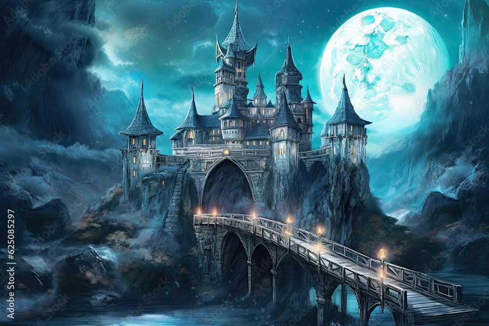 Magical Creatures in a Moonlit Fantasy Castle with Turrets and ...