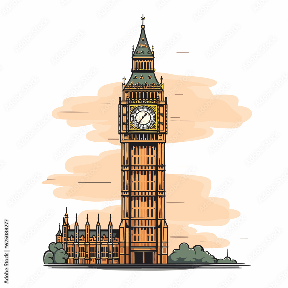 Big Ben hand-drawn comic illustration. Big Ben. Vector doodle style ...