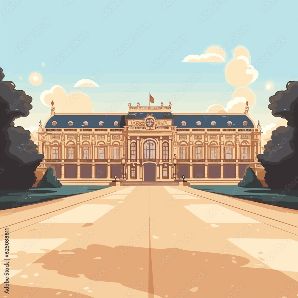Palace of Versailles hand-drawn comic illustration. Palace of ...