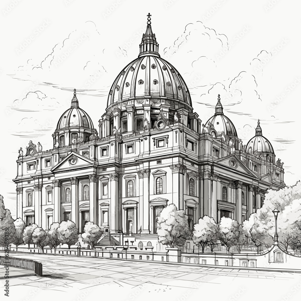 Basilica of Saint Peter hand-drawn comic illustration. Saint Peter's ...
