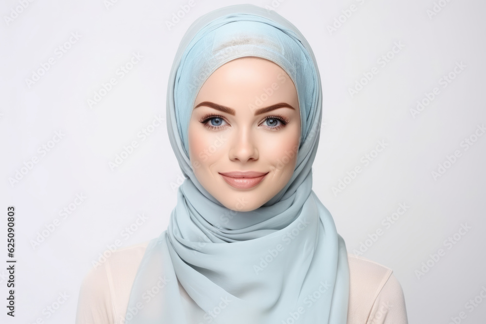 Caucasian Muslim woman with blue eyes portrait isolated on white ...