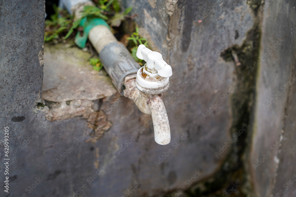 Abandoned and worn outdoor water faucet filled with weeds and moss ...