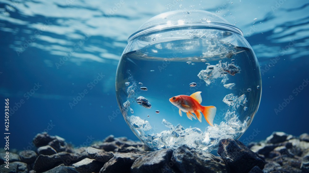 goldfish fish on fishbowl underwater of sea. prison and freedom ...