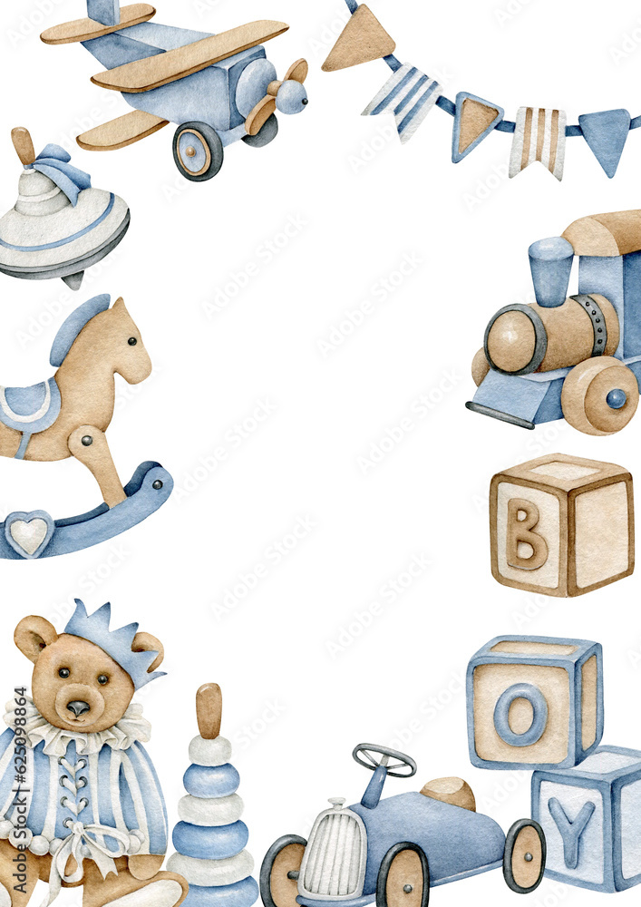 Baby toys frame.Childish background.Kids border.Flyer design.Bear ...