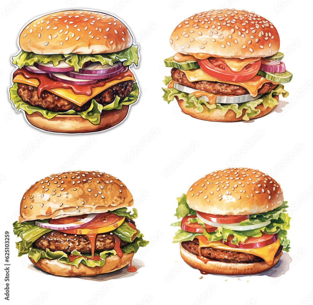 Vetor de Watercolor Burger Clipart bundle , watercolor clipart, digital ...